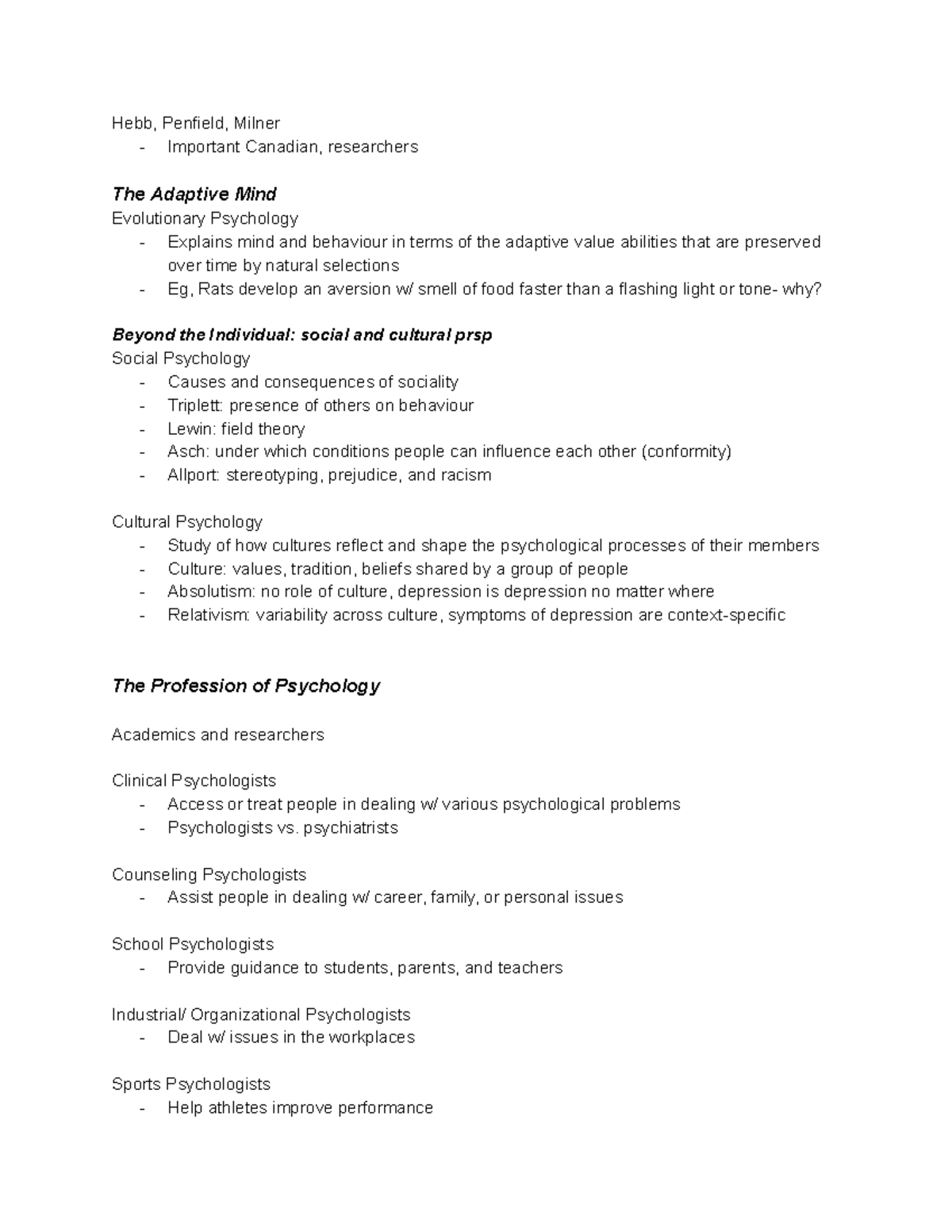 Psychology 111 Notes 5-6 - Hebb, Penfield, Milner - Important Canadian ...