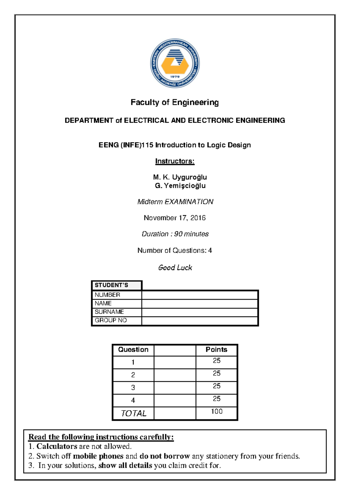 EENG(INFE)115 F16-17 Midterm Exam - Solutions - ####### Faculty of Engineering DEPARTMENT of ...