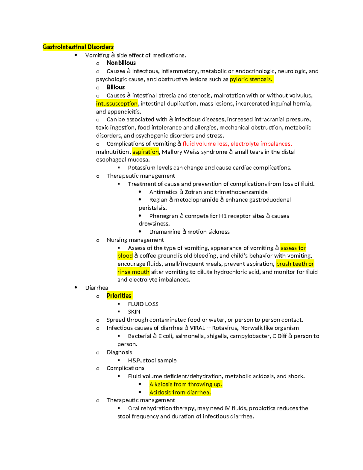 Peds Exam 3 notes - Gastrointestinal Disorders Vomiting à side effect ...