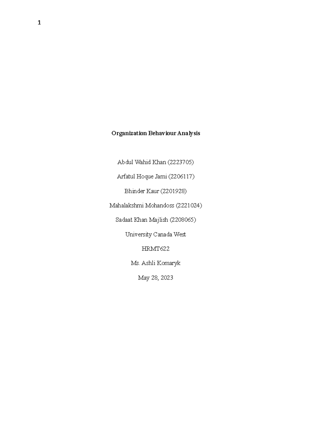 HRMT Group Assignment - Organization Behaviour Analysis Abdul Wahid ...