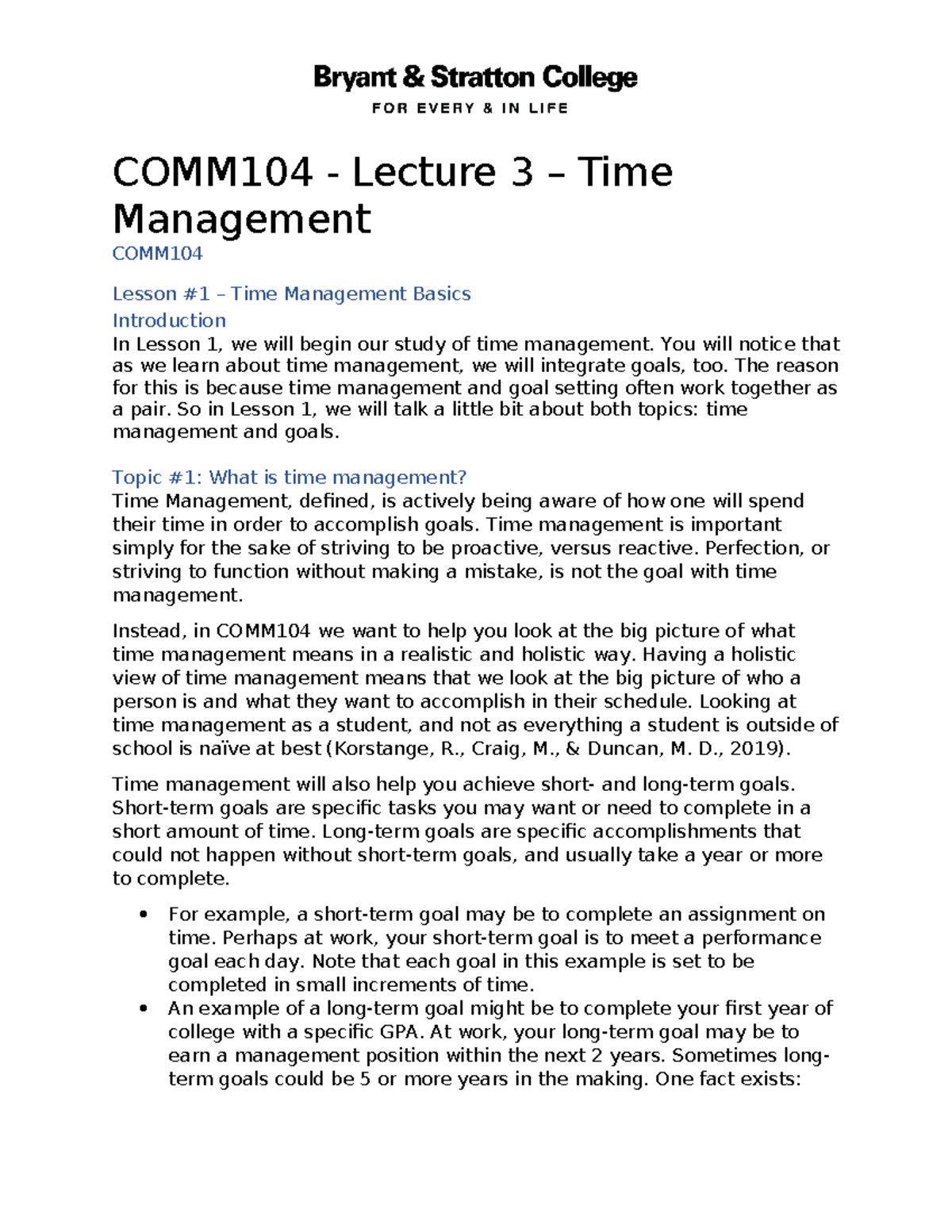 COMM104 Lecture 3 - Time Management - COMM104 - Lecture 3 – Time Management COMM Lesson #1 ...