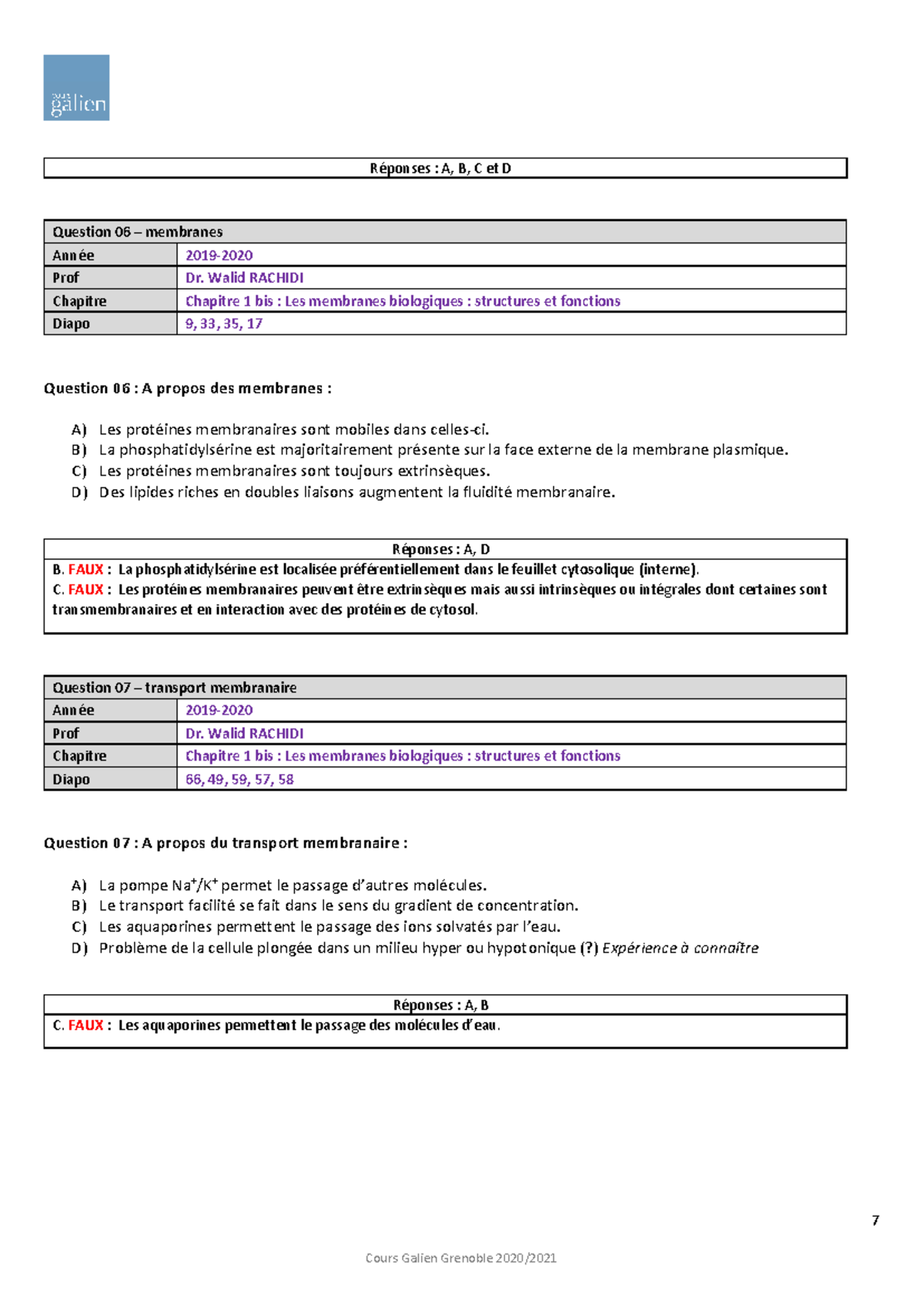 Corriger QCM biologie cellulaire - 7 Question 06 – membranes Année 2019 ...