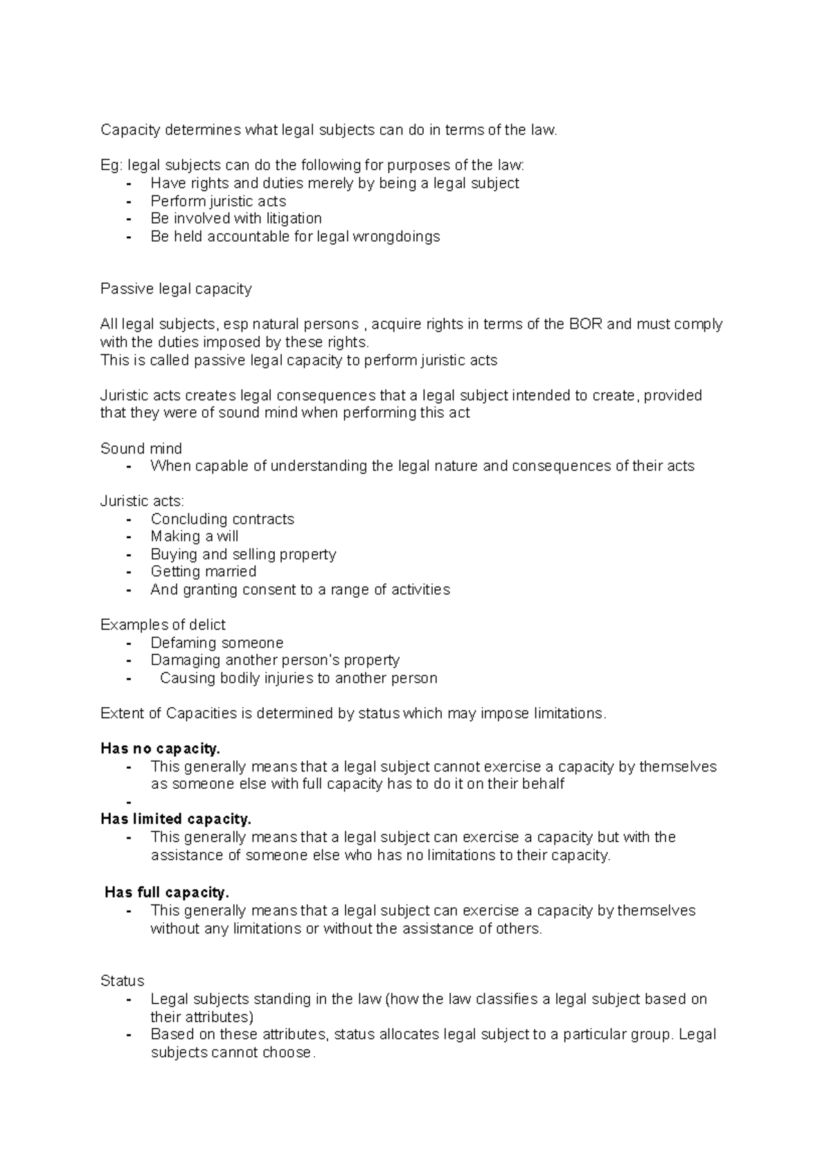 Law of persons notes - Capacity determines what legal subjects can do ...