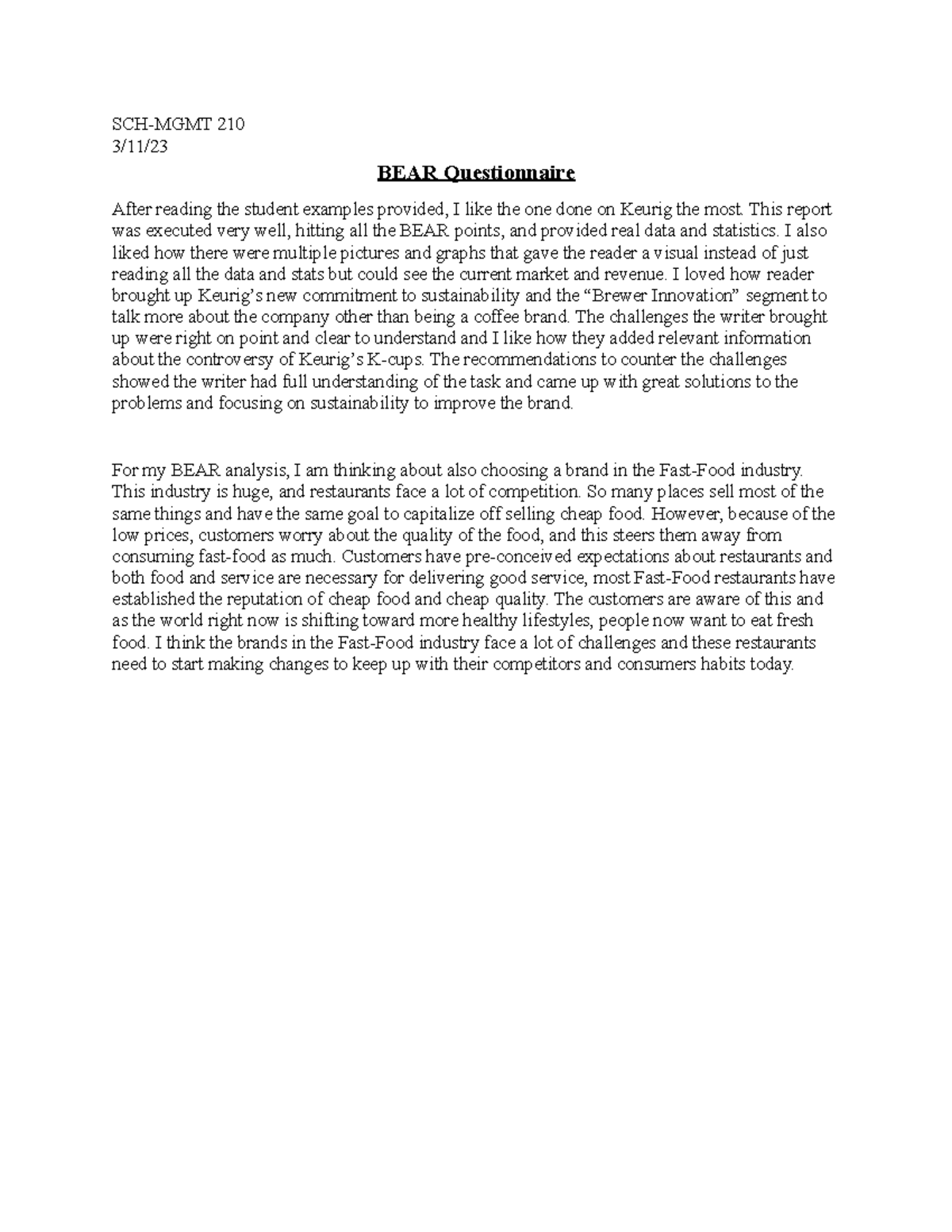 BEAR Questionnaire - bear - SCH-MGMT 210 3/11/ BEAR Questionnaire After ...