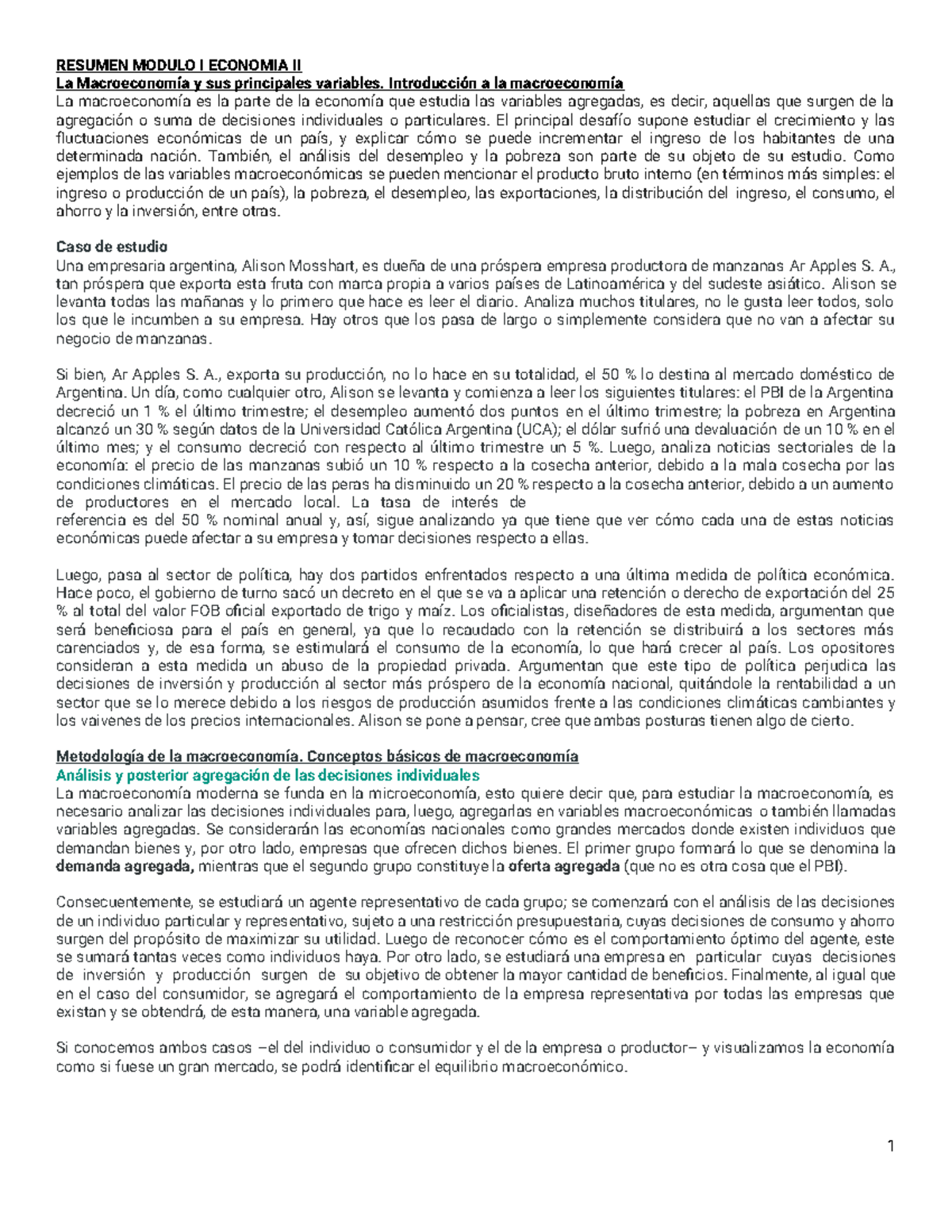 Resumen Modulo I Economia II - RESUMEN MODULO I ECONOMIA II La Macroeconomía y sus principales ...