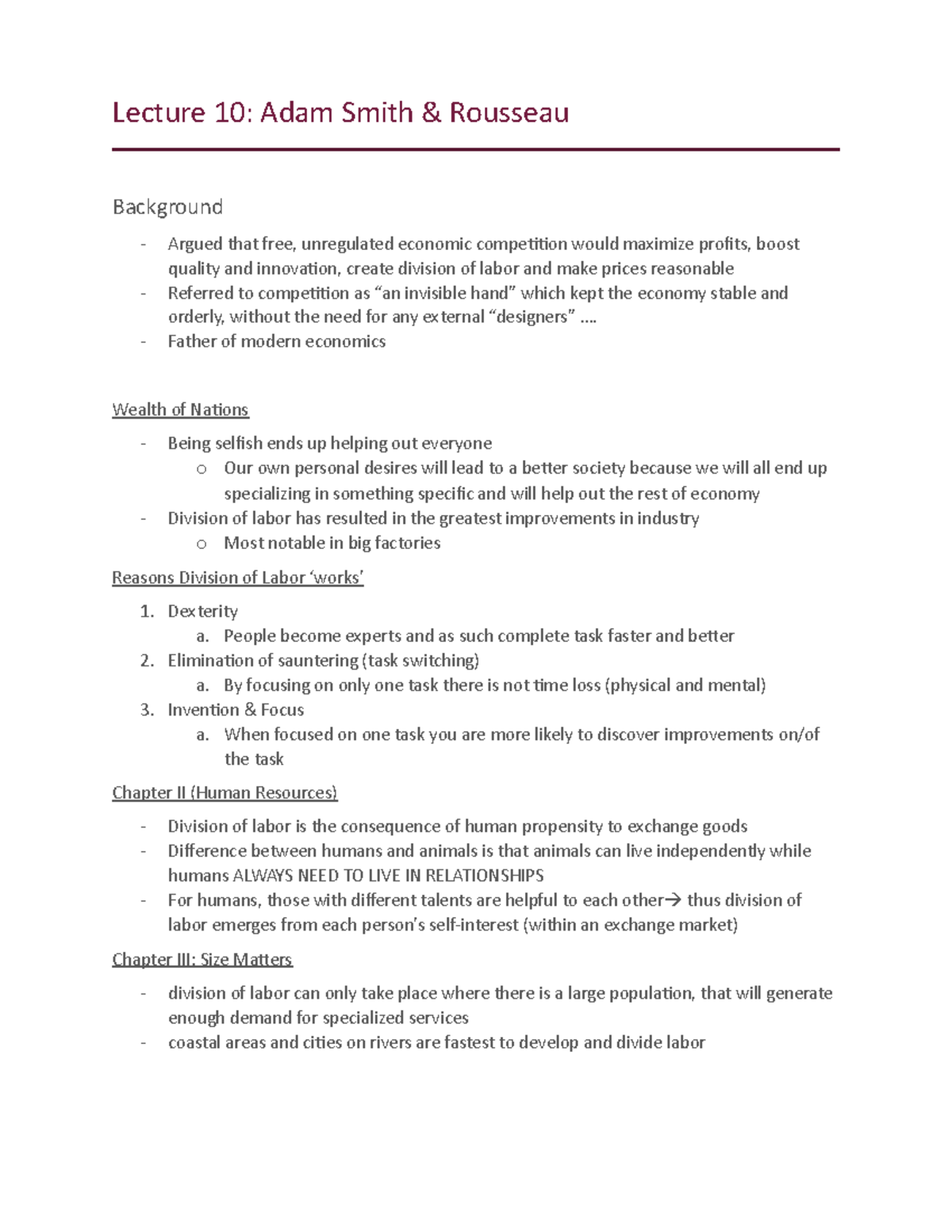 Lecture 10 - Nick Garside - Lecture 10: Adam Smith & Rousseau Background Argued that free, - Studocu