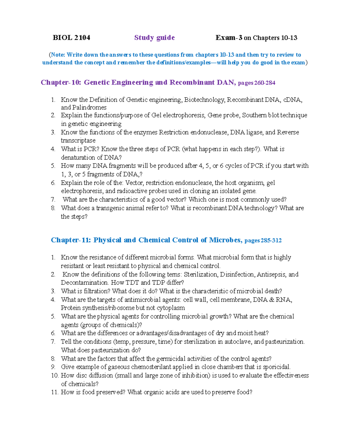 2104 Exam-3 Studyguide Fall'20 - BIOL 2104 Study guide Exam-3 on ...