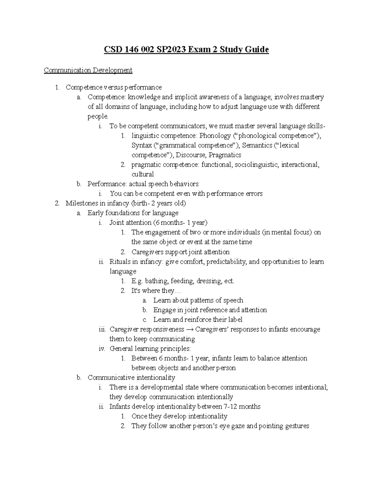 CSD146 Exam 2 Study Guide - CSD 146 002 SP2023 Exam 2 Study Guide ...