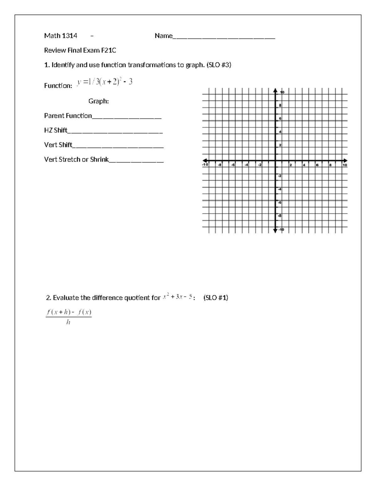 Math 1314 Final Rev F21c Math 1314 Name Review Final Exam F21c