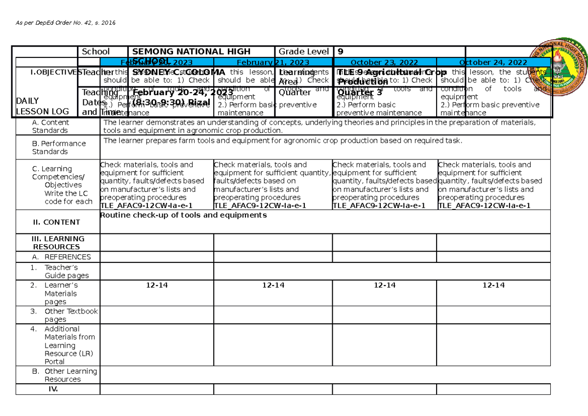 DLL TLE 9 Q3 W2 - daily lesson log - As per DepEd Order No. 42, s. 2016 ...