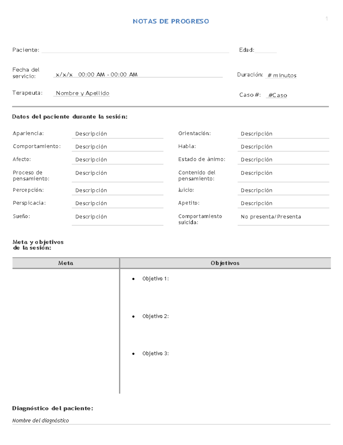 Plantilla-Nota de Progreso - NOTAS DE PROGRESO 1 Paciente: Edad: Fecha del servicio: Terapeuta ...