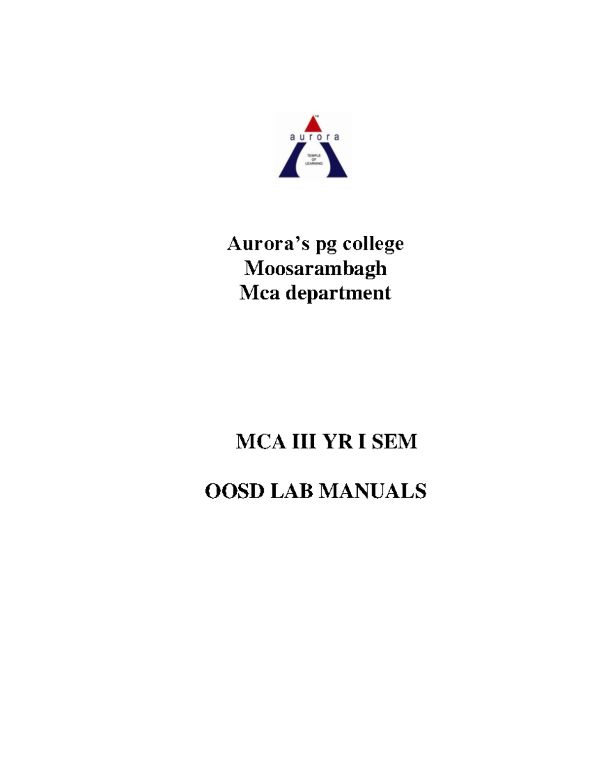Oosd-lab-manual - Aurora’s pg college Moosarambagh Mca department MCA ...