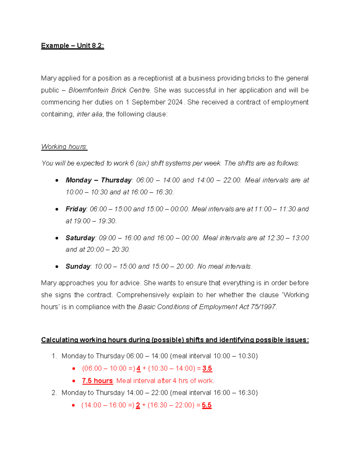 Example - Unit 8 - Calculating working hours - Example – Unit 8: Mary ...