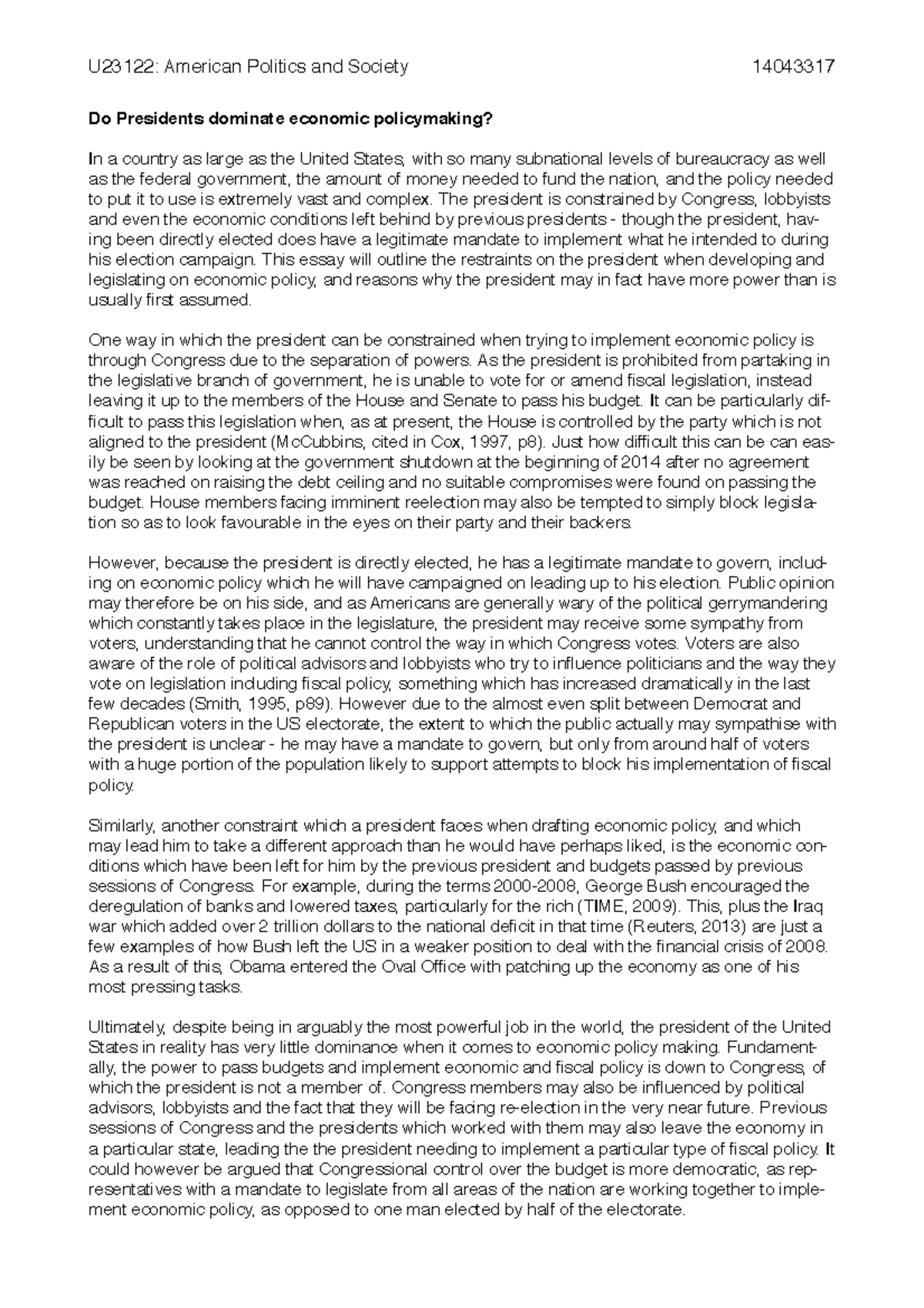 US Economic Policy - Grade: B+ - U23122: American Politics and Society ...