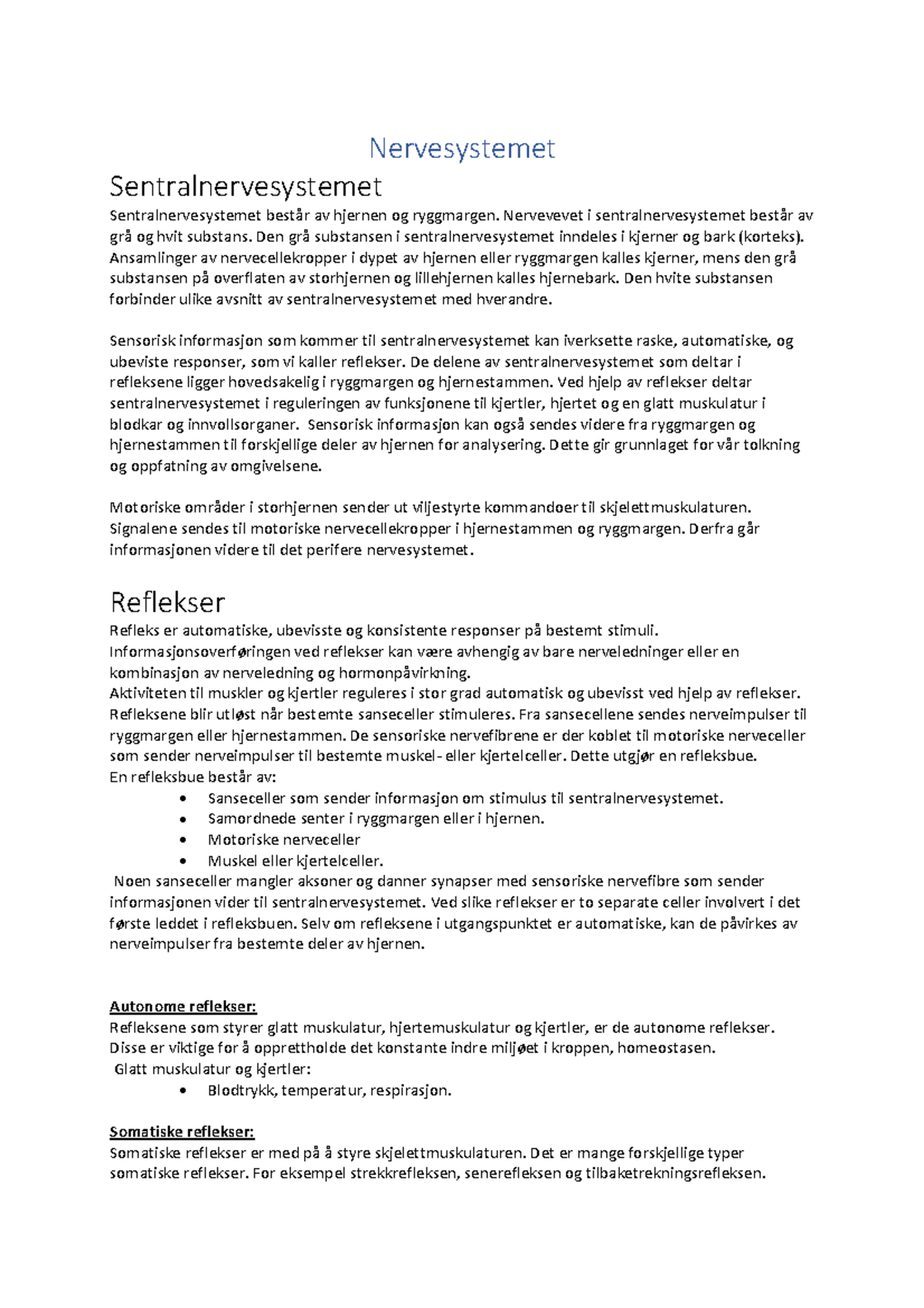 Nervesystemet - Forelesningsnotater 5 - Nervesystemet ...