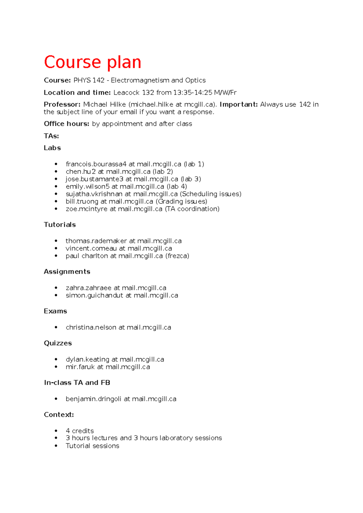 Phys 142 syllabus - Course plan Course: PHYS 142 - Electromagnetism and ...
