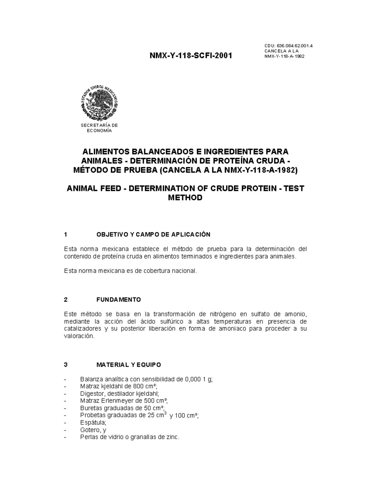 Norma de proteinas - NMX-Y-118-SCFI- CDU: 636:62. CANCELA A LA NMX-Y ...