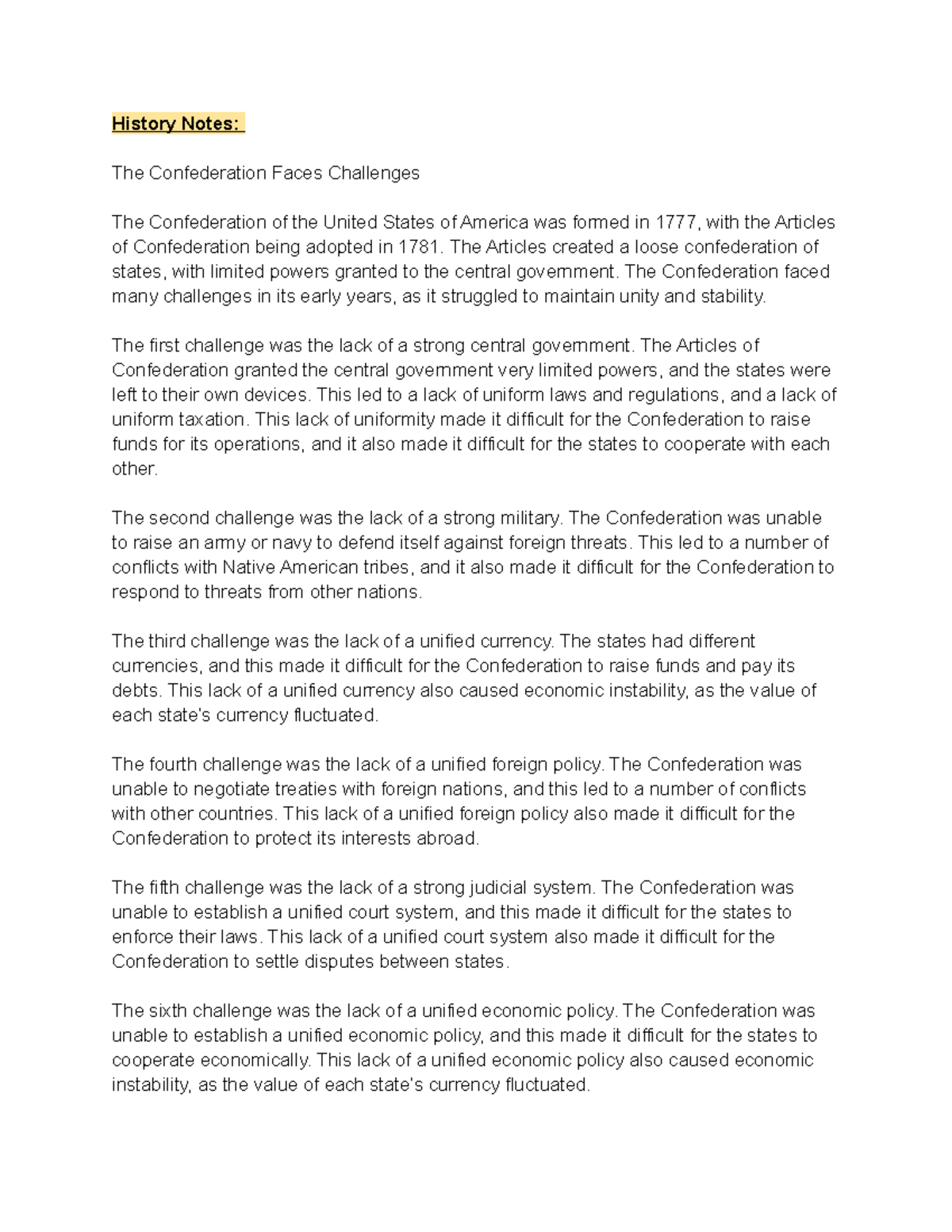 History AP (23) - History Notes: The Confederation Faces Challenges The ...