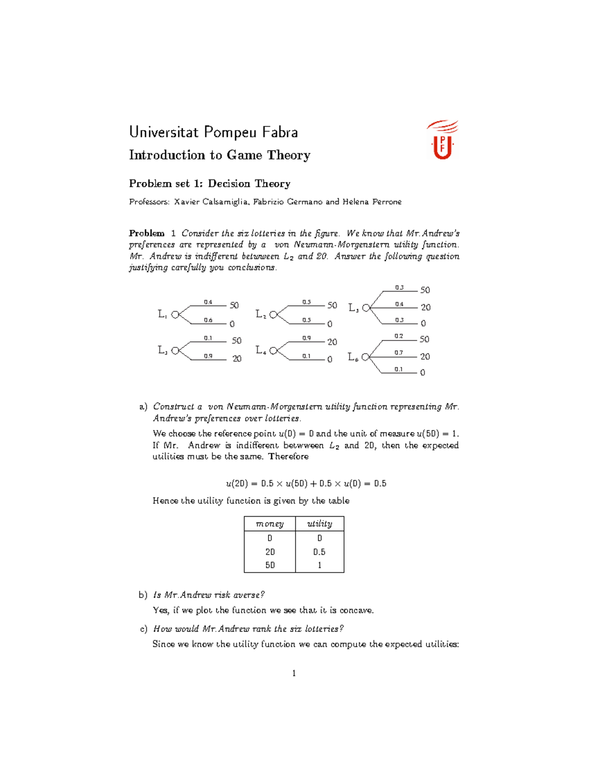 Problem 1 sol - Universitat Pompeu Fabra Introduction to Game Theory Problem set 1: Decision ...