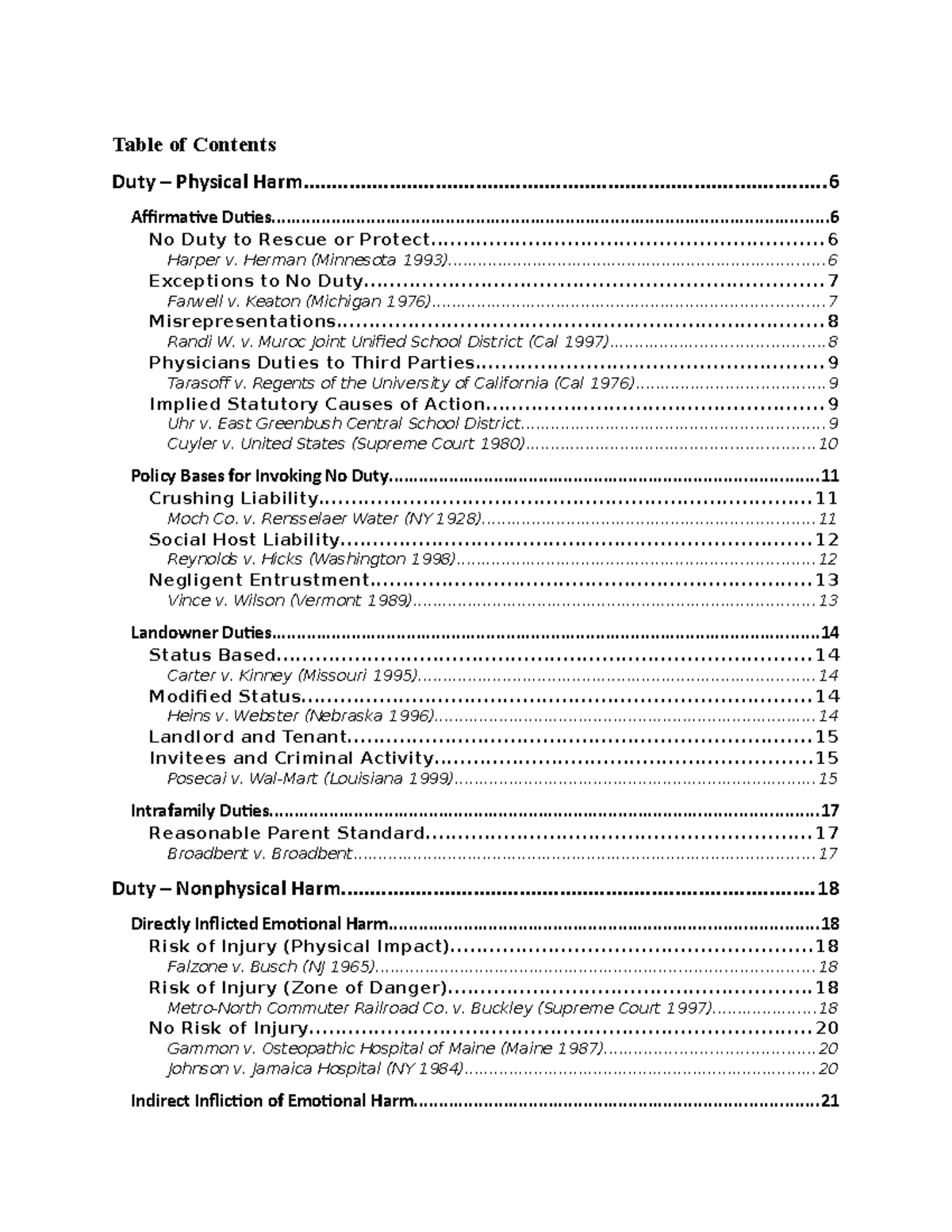 Torts Outline - Cases - tort ouitline - Table of Contents Duty ...