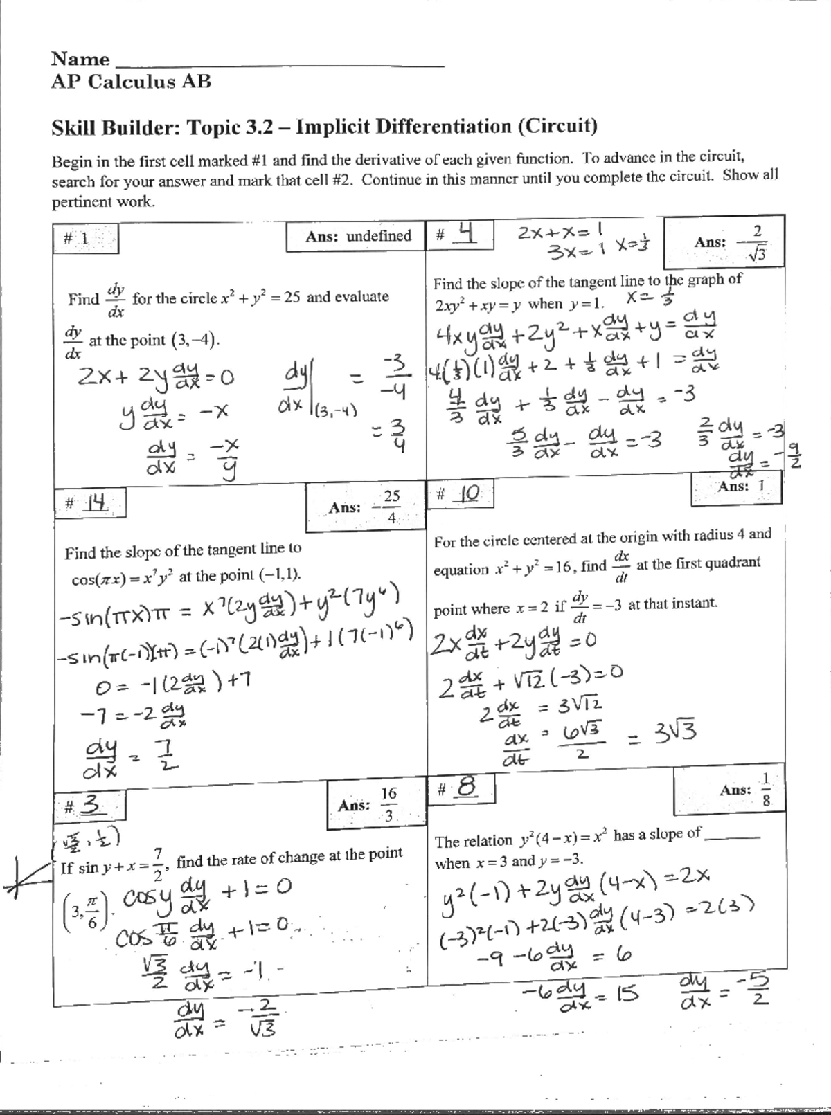 3.2 Skill Builder ANS-1 - Name AP Calculus AB Skill Builder: Topic 3 Implicit Differentiation ...