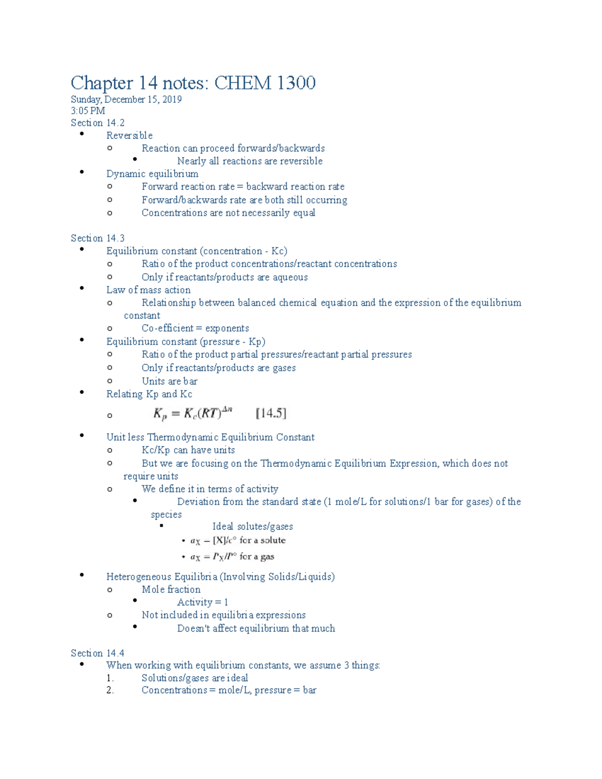 Chapter 14 - CHEM 1300 - Textbook notes - Chapter 14 notes: CHEM 1300 ...