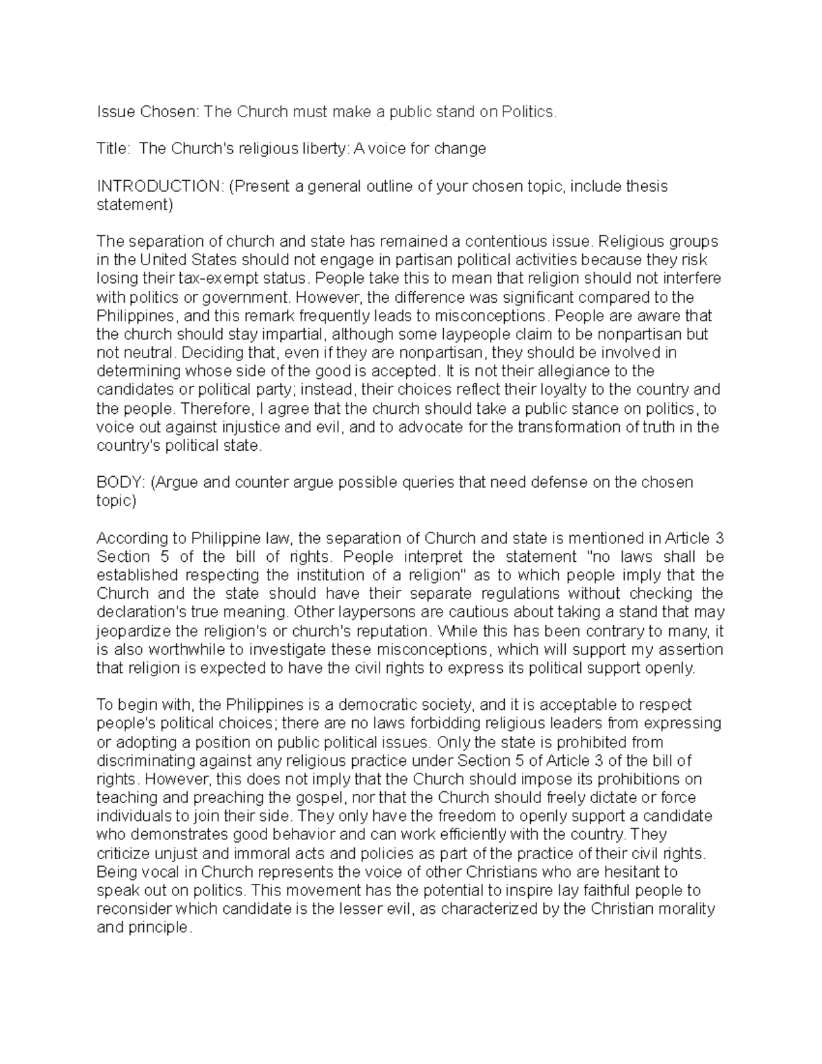 Position Paper Church Example - Issue Chosen: The Church must make a ...