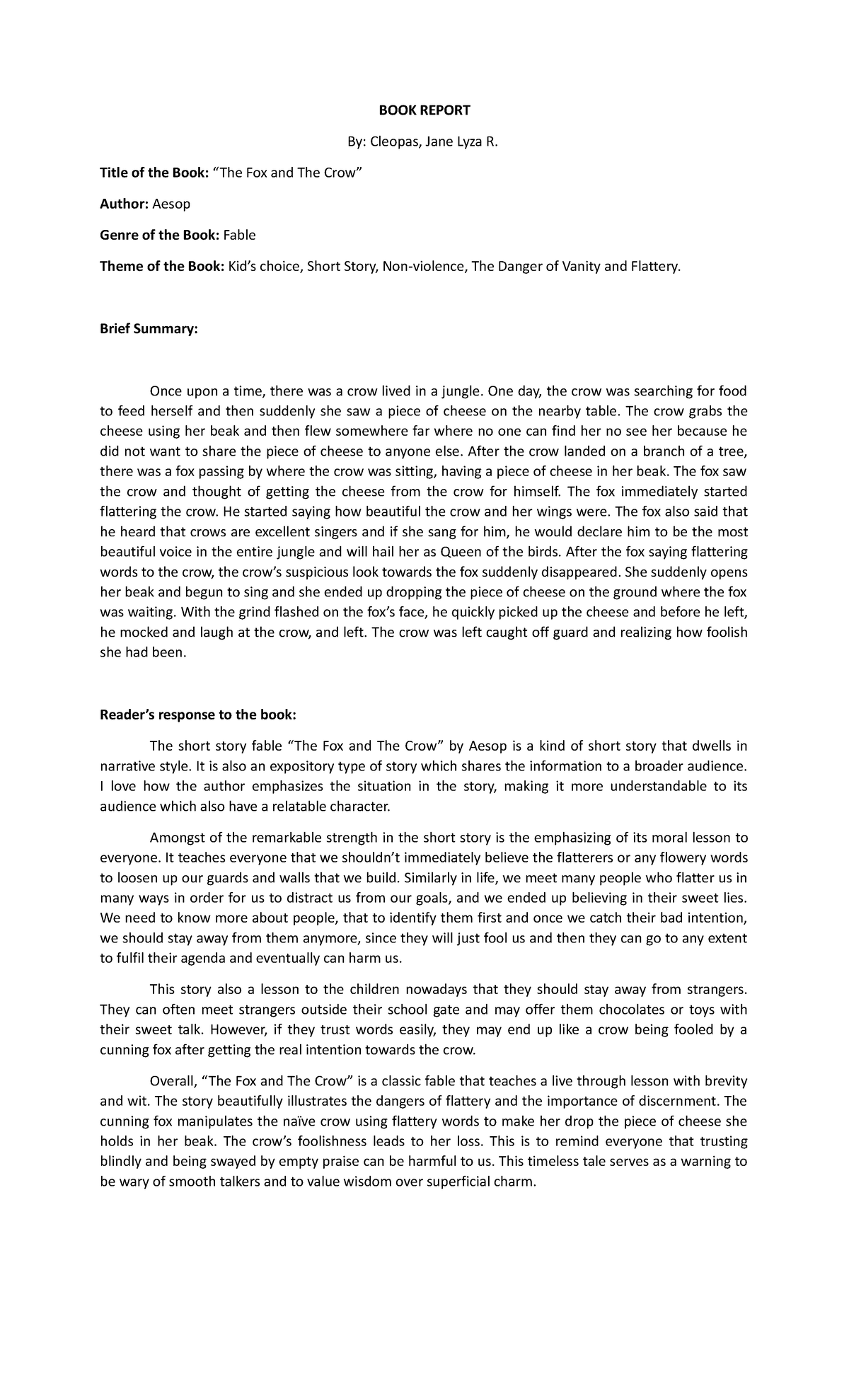 BOOK Report - BOOK REPORT By: Cleopas, Jane Lyza R. Title of the Book ...