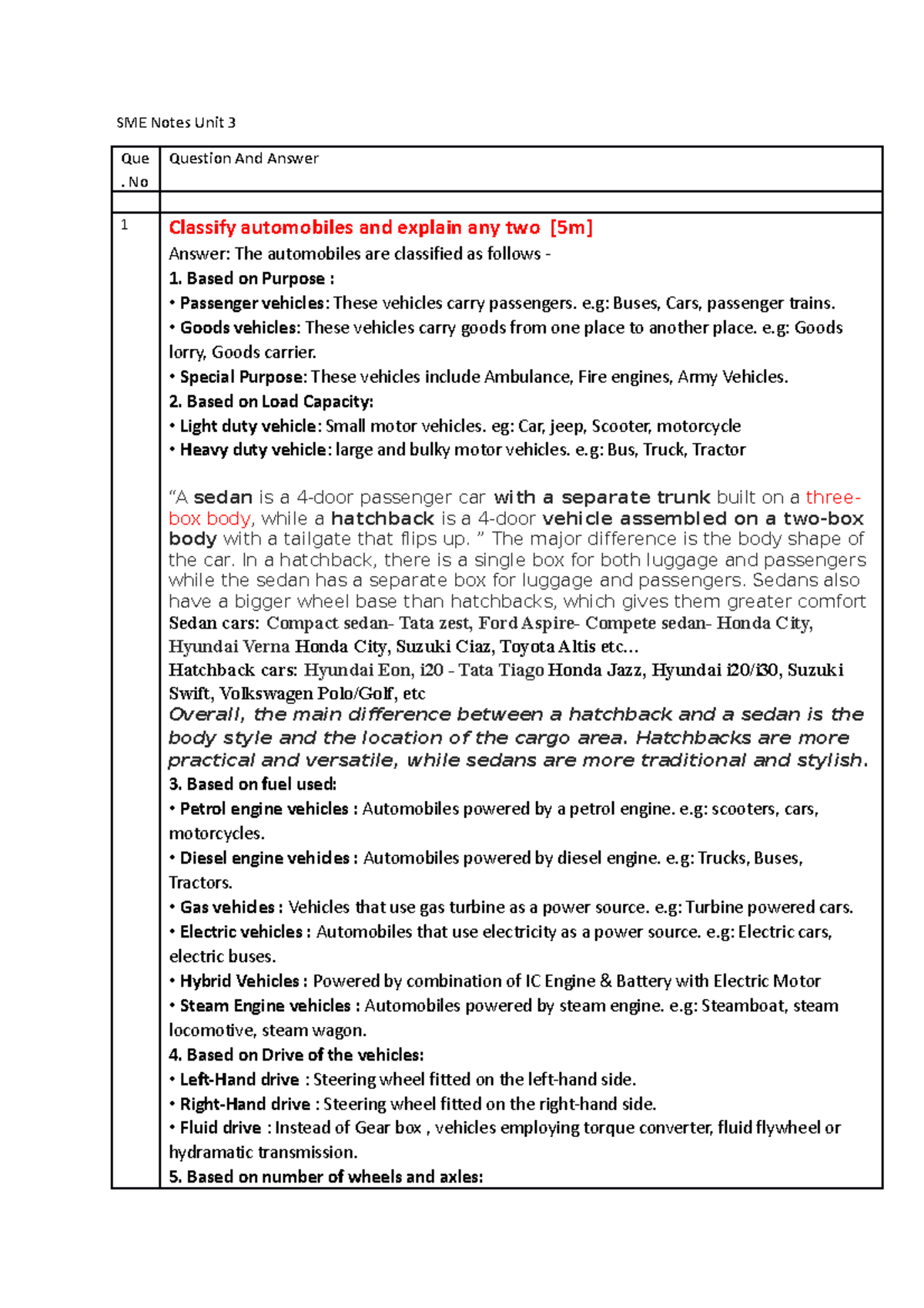 SME Notes Unit 3 - No Question And Answer 1 Classify automobiles and ...