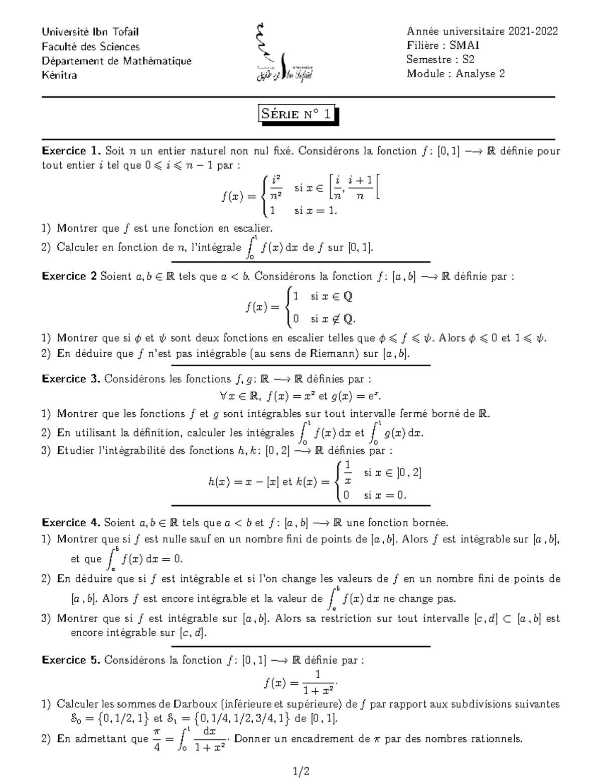 Série1 - Exercices analyse 2 - Université Ibn Tofail Faculté des ...