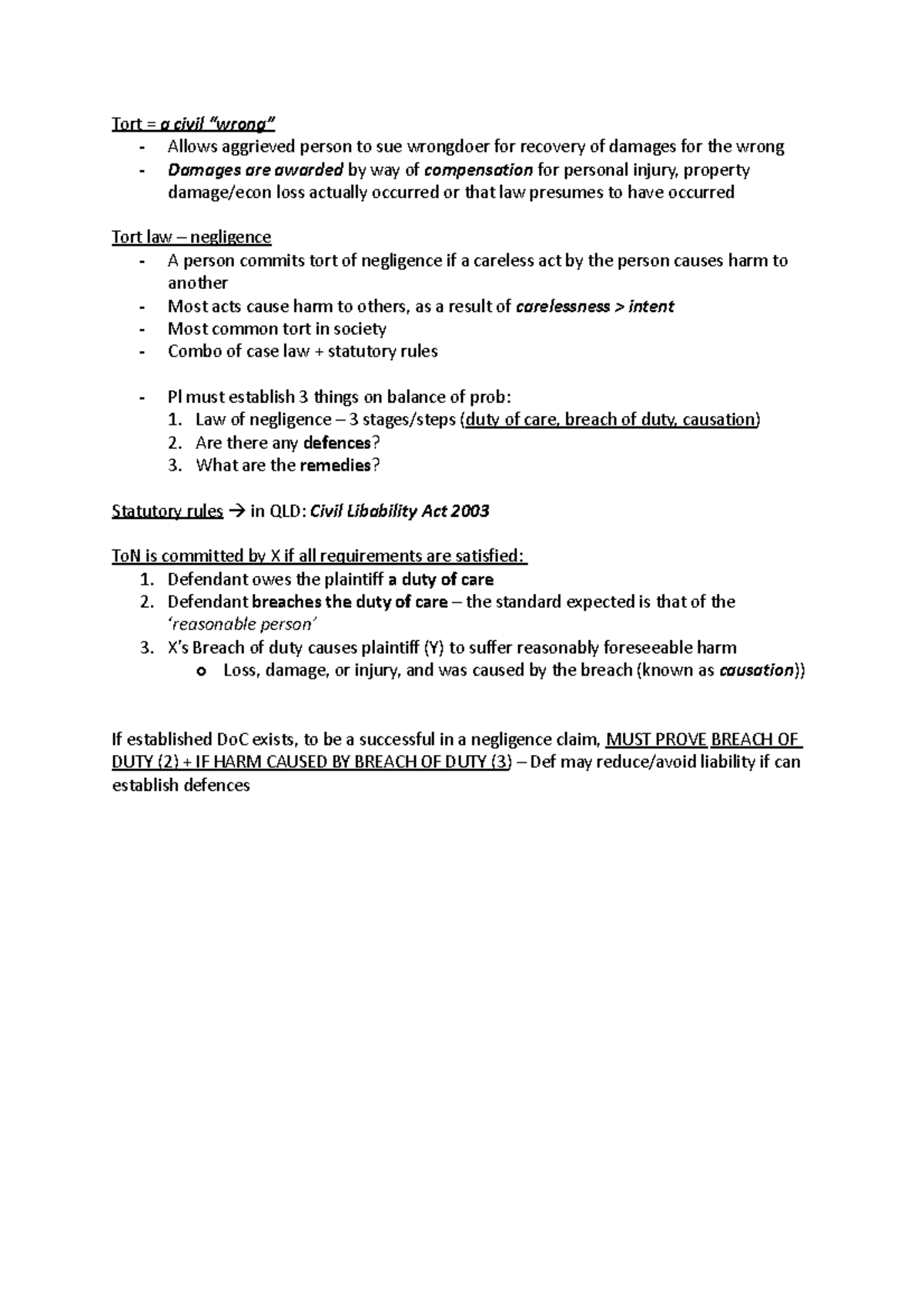 [lec3] torts + negligence - Tort = a civil “wrong” - Allows aggrieved ...