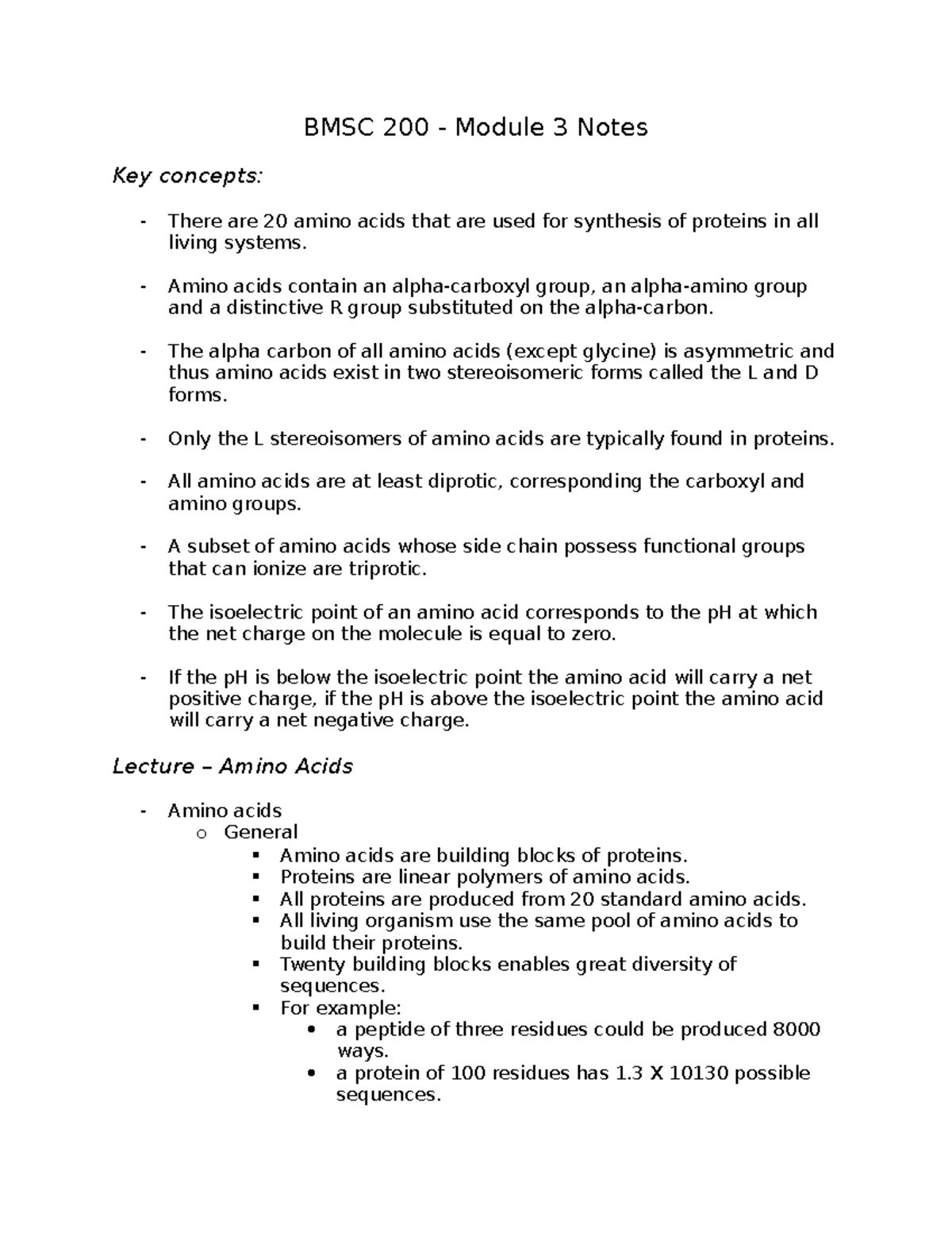 Module 3 - Notes - BMSC 200 - Module 3 Notes Key concepts: There are 20 ...