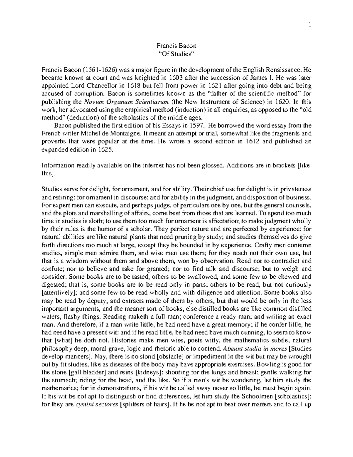 Of studies pdf - Important criticism notes english - 1 Francis Bacon ...
