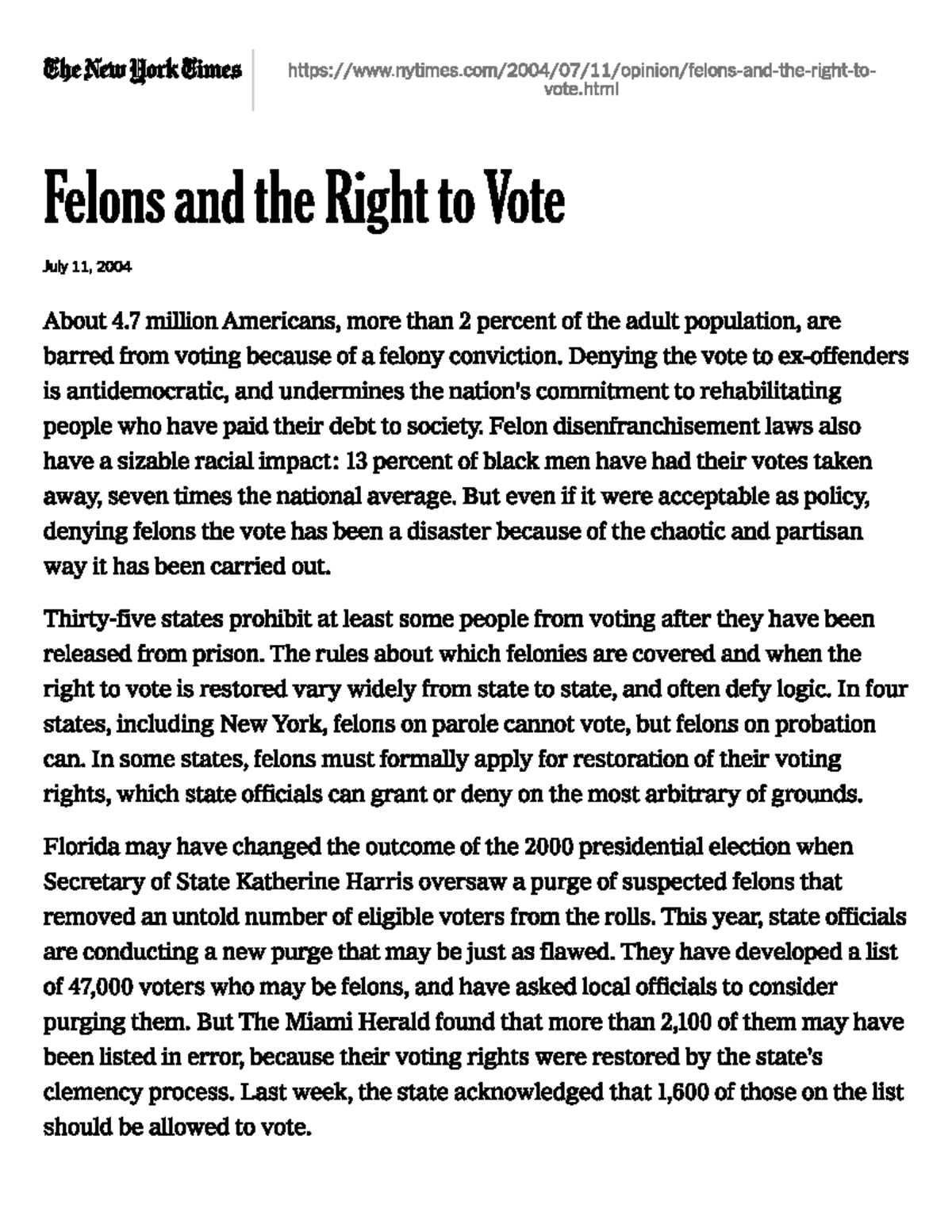 Felons and the right to vote - English - Studocu