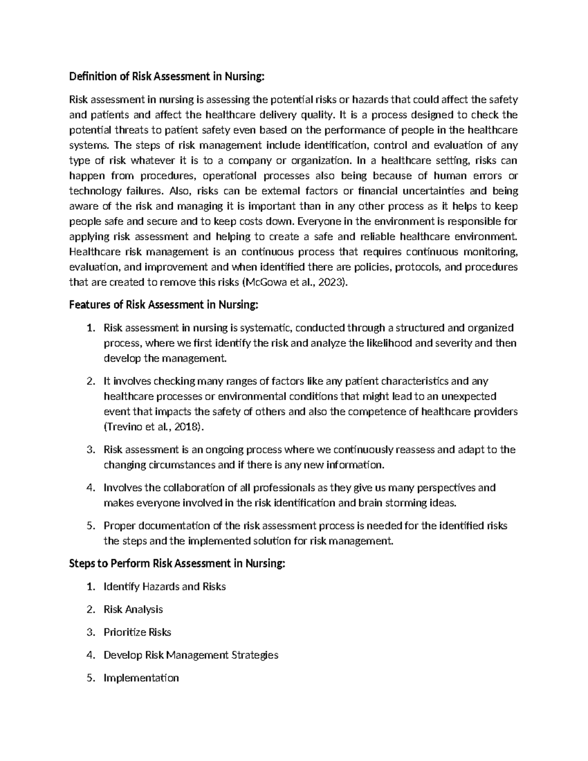 Risk 2 - Summary Adult Health Nursing I - Definition of Risk Assessment ...