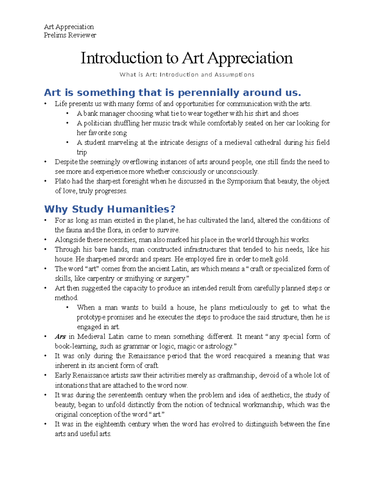 Art Appreciation - Prelims Reviewer - Prelims Reviewer Introduction to ...