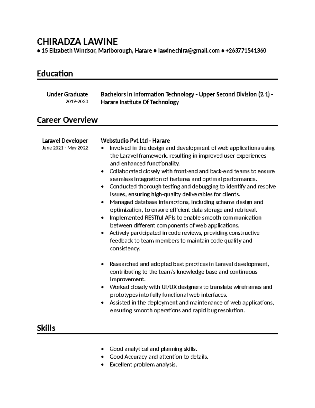 Chiradza Lawine Resume - CHIRADZA LAWINE 15 Elizabeth Windsor ...