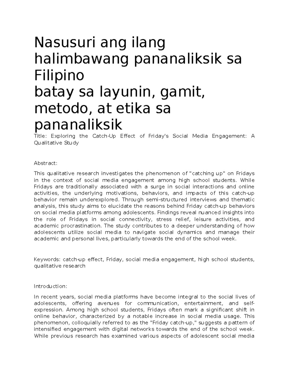Research Sample - none - Nasusuri ang ilang halimbawang pananaliksik sa ...