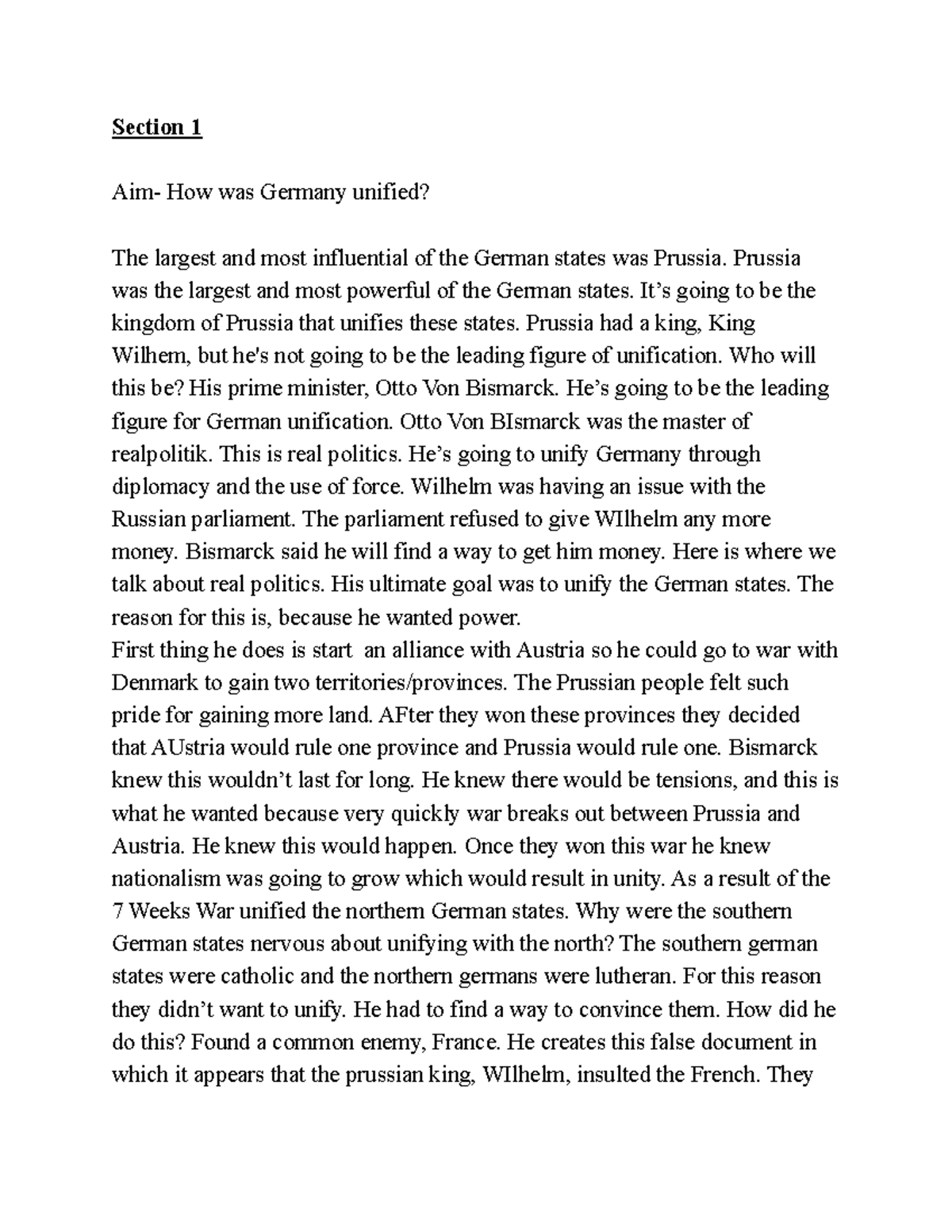 Chapter 10 - Lecture notes - Section 1 Aim- How was Germany unified ...