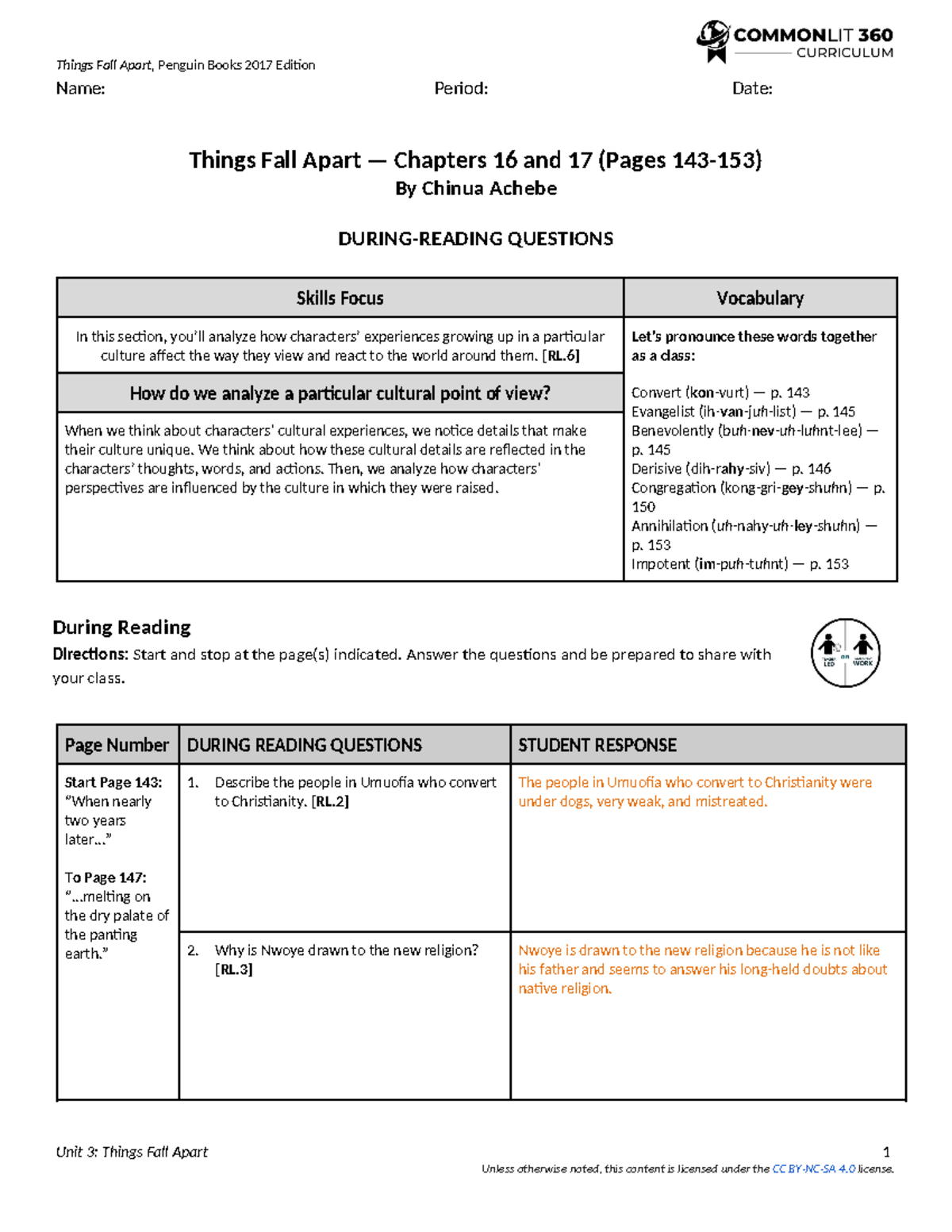 10GUnit 3 Things Fall Apart Chap 16-17 During Reading Questions Student COPY Ed1 - Things Fall ...