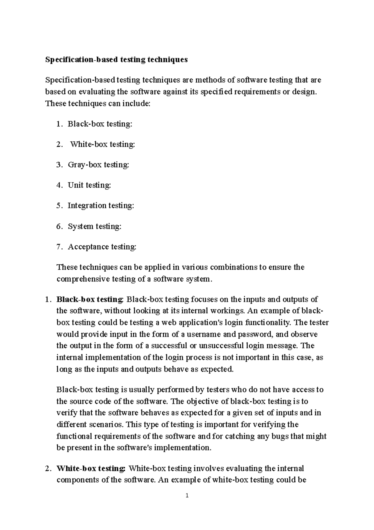 Specification Testing Types Specification Based Testing Techniques Specification Based Testing
