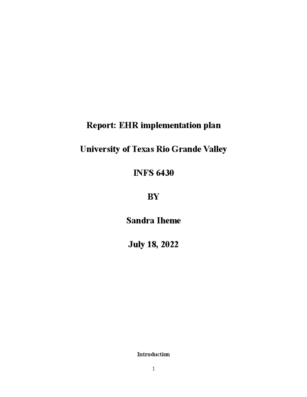 Week 3 -Report on EHR implementation plan - Report: EHR implementation ...