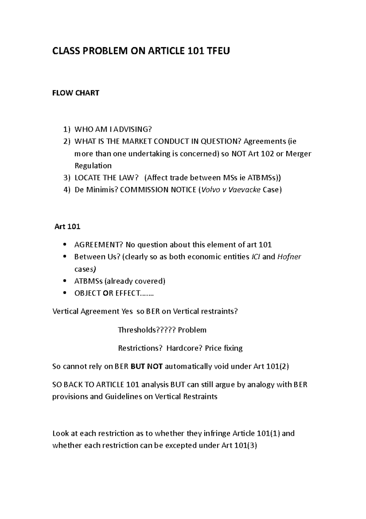 Class Problem ON Article 101 TFEU - Flow chart - CLASS PROBLEM ON ARTICLE 101 TFEU FLOW CHART 1 ...