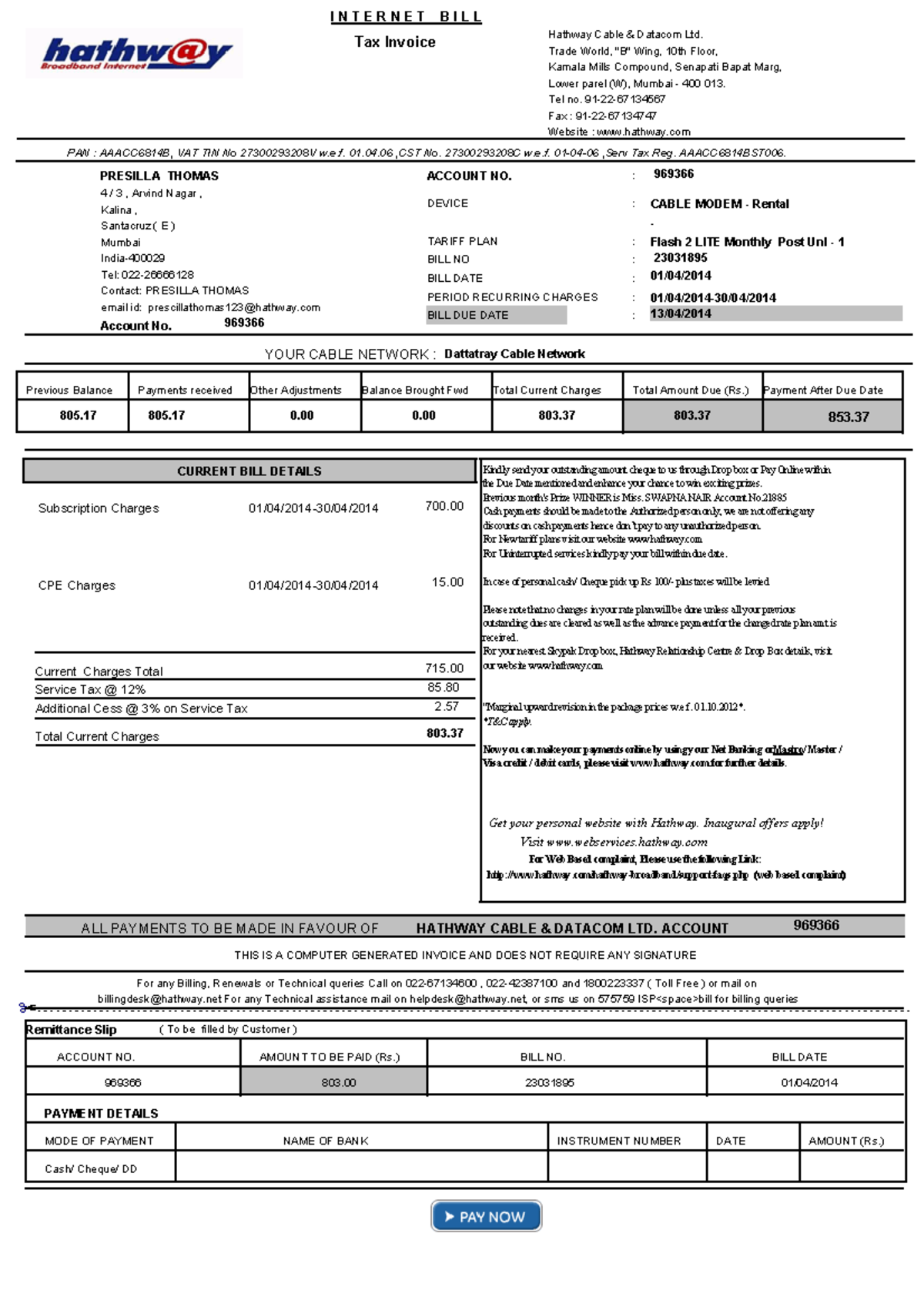 Internet-bill-format - PAN : AAACC6814B, VAT TIN No 27300293208V w.e ...