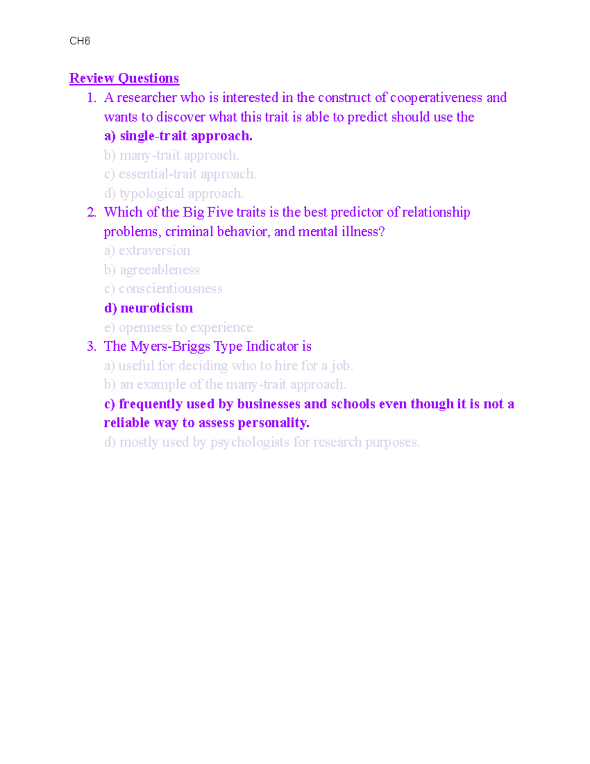 Traits and Types Practice - CH Review Questions 1. A researcher who is interested in the ...