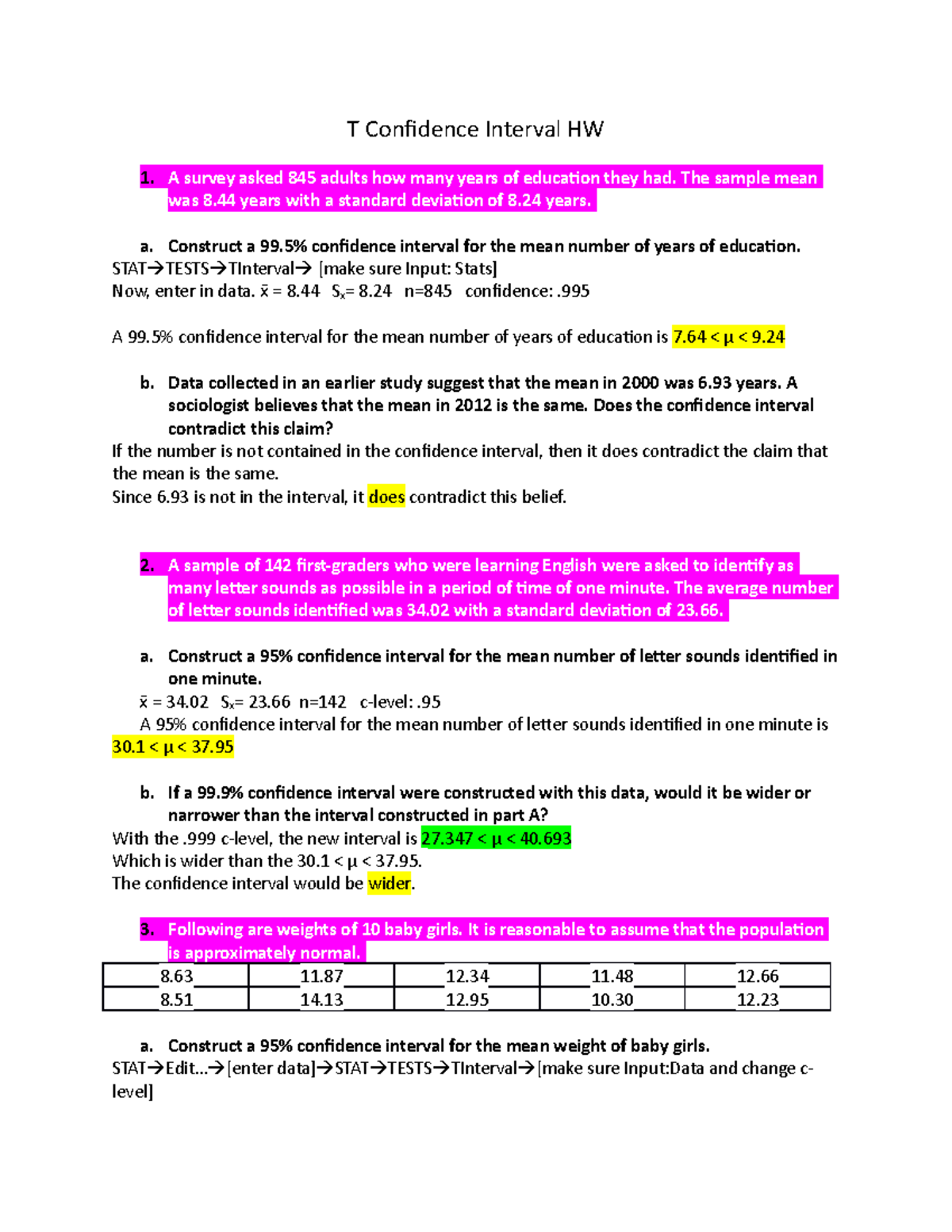 T Confidence Interval - Notes that help explain problems. - T ...