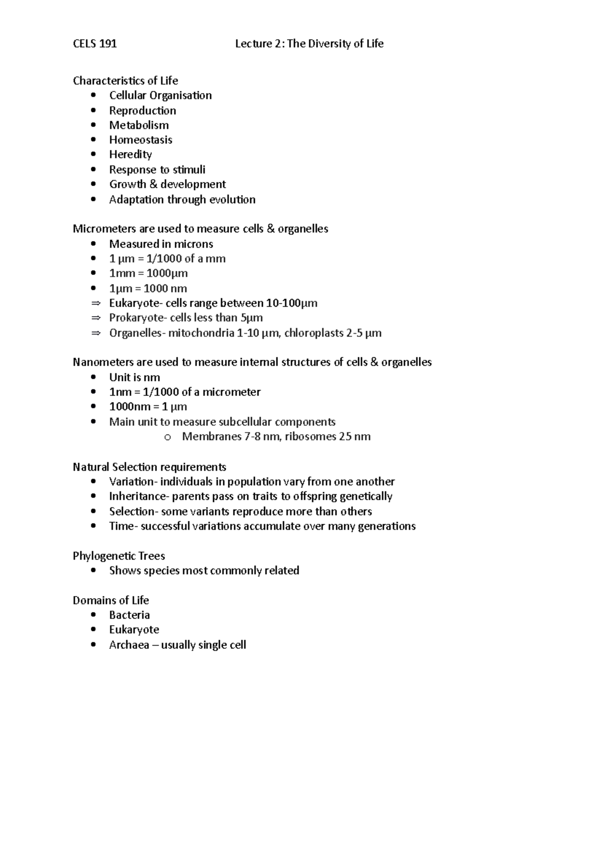 Lecture 2: Characteristics of Life - CELS 191 Lecture 2: The Diversity ...