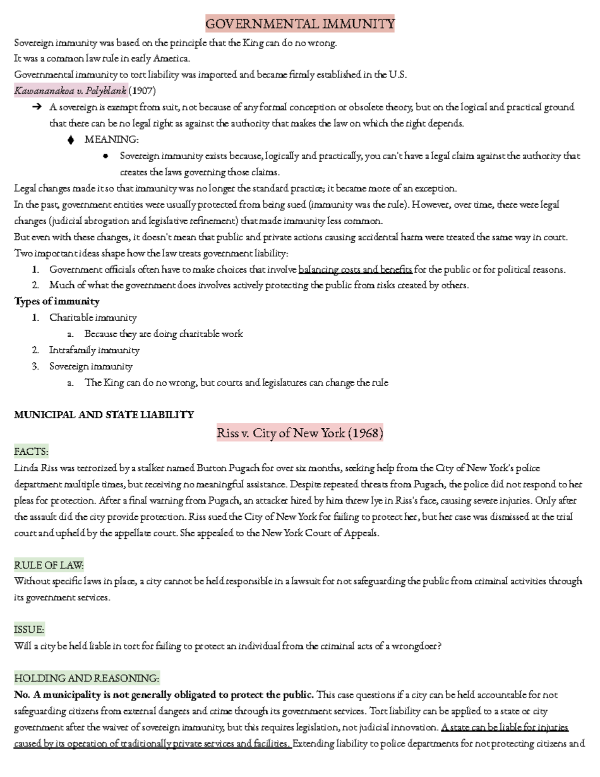 Governmental Immunity Notes - GOVERNMENTAL IMMUNITY Sovereign immunity ...