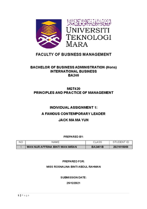 MGT 420 individual assignment - FACULTY OF BUSINESS AND MANAGEMENT MARA ...