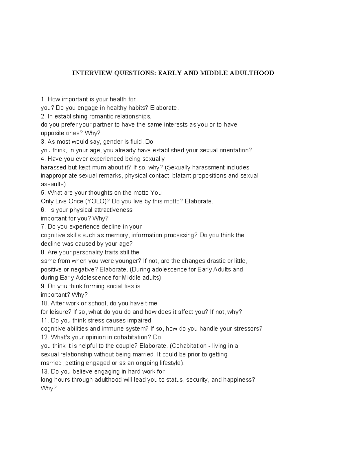 Devhum- ghhg - INTERVIEW QUESTIONS: EARLY AND MIDDLE ADULTHOOD How ...